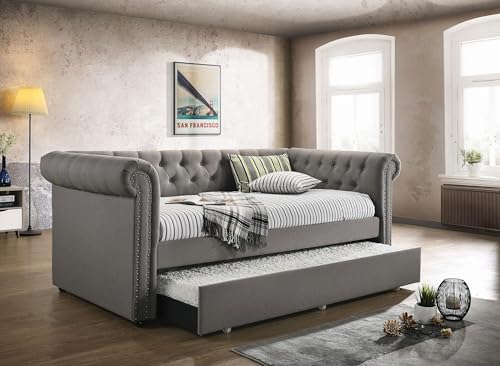 Coaster Home Furnishings Kepner Modern Classic Fabric Upholstered Twin Size Chesterfield Button Tufted Daybed with Trundle Bed for Guestroom 37-inch Headboard Bedroom Lounger Grey 300549