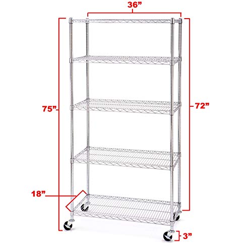 Seville Classics UltraDurable Commercial-Grade 5-Tier NSF-Certified Steel Wire Shelving with Wheels, 36" W x 18" D - Chrome