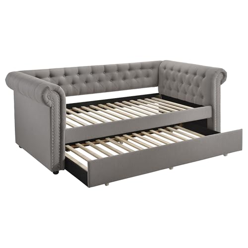 Coaster Home Furnishings Kepner Modern Classic Fabric Upholstered Twin Size Chesterfield Button Tufted Daybed with Trundle Bed for Guestroom 37-inch Headboard Bedroom Lounger Grey 300549