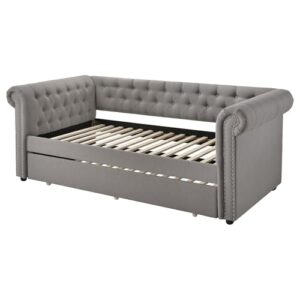 Coaster Home Furnishings Kepner Modern Classic Fabric Upholstered Twin Size Chesterfield Button Tufted Daybed with Trundle Bed for Guestroom 37-inch Headboard Bedroom Lounger Grey 300549