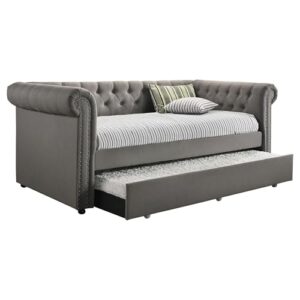 Coaster Home Furnishings Kepner Modern Classic Fabric Upholstered Twin Size Chesterfield Button Tufted Daybed with Trundle Bed for Guestroom 37-inch Headboard Bedroom Lounger Grey 300549