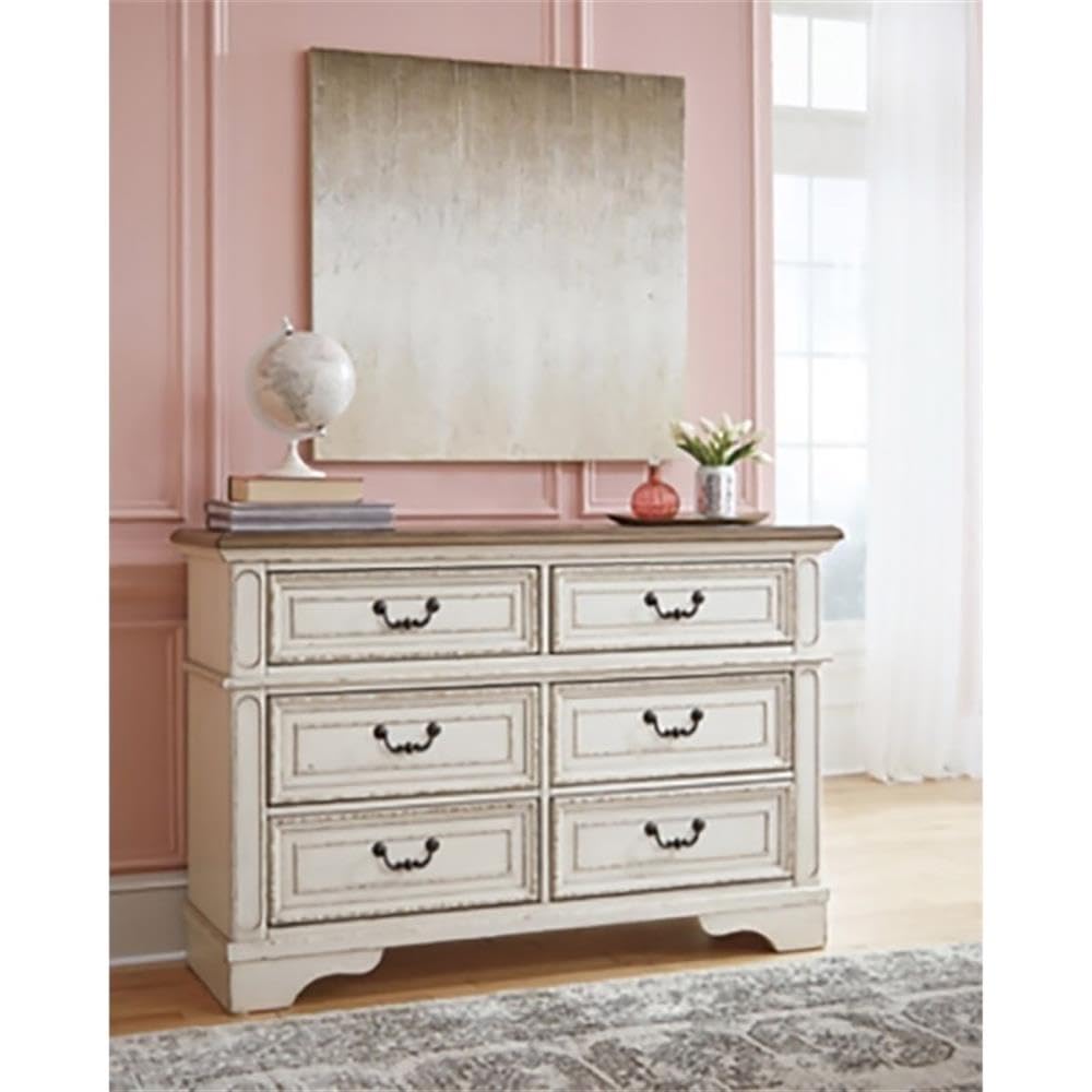 Signature Design By Ashley Realyn French Country Youth 6 Drawer Dresser, Chipped White & Brown