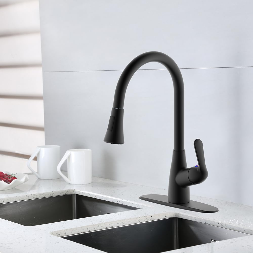 Derengge Single Handle Pull-Down Sprayer Kitchen Faucet, Mattte Black Kitchen Sink Faucet,1 Hole or 3 Hole Installation, F-058-MT