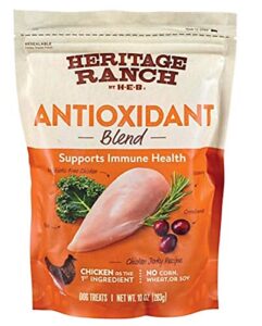 heritage ranch antioxidant chicken jerky style dog treat that are grain free for small and large dogs that help support supports health & wellness, one - 10oz bag