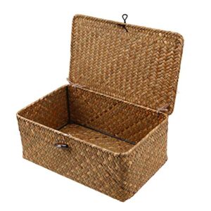 esoes wicker storage basket woven rattan storage box with lids seagrass laundry baskets makeup organizer for bathroom, living room, kitchen (l)