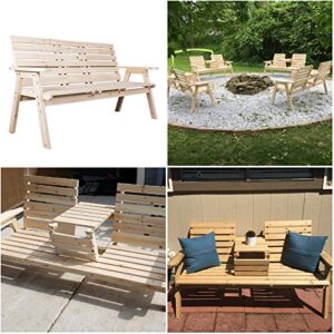 Kdgarden Cedar/Fir Log Wood Patio Garden Bench with Foldable Table, Outdoor Wooden Porch 3-Seat Bench Chair for Garden Balcony Patio Backyard, Natural Finish