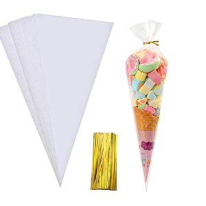 maouywiee cone bag 100 pcs clear cello treat bags popcorn bags triangle goody bags with twist ties for candies handmade cookies (6.3" x 11.8")