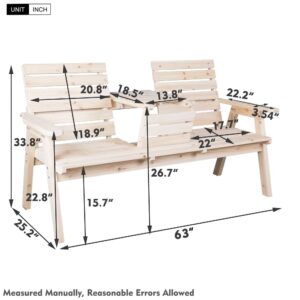 Kdgarden Cedar/Fir Log Wood Patio Garden Bench with Foldable Table, Outdoor Wooden Porch 3-Seat Bench Chair for Garden Balcony Patio Backyard, Natural Finish