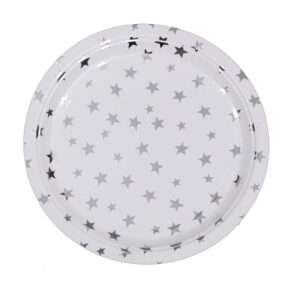 ottin white and silver stars paper plates 9'' 48 counts twinkle twinkle little star party plates for wedding birthday bridal shower christmas new year winter party mother's day