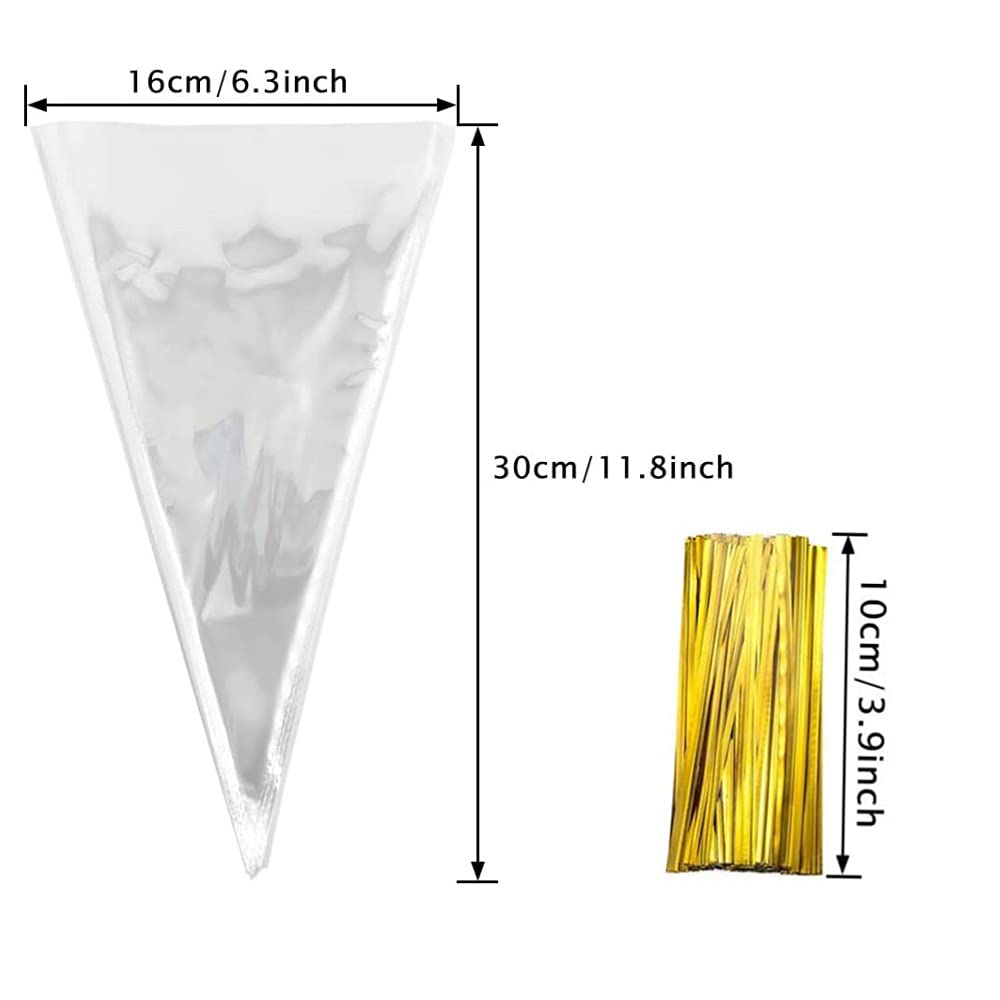 MAOUYWIEE Cone Bag 100 PCS Clear Cello Treat Bags Popcorn Bags Triangle Goody Bags with Twist Ties for Candies Handmade Cookies (6.3" X 11.8")