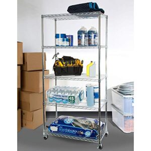 Seville Classics UltraDurable Commercial-Grade 5-Tier NSF-Certified Steel Wire Shelving with Wheels, 36" W x 18" D - Chrome