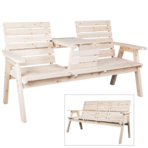 kdgarden cedar/fir log wood patio garden bench with foldable table, outdoor wooden porch 3-seat bench chair for garden balcony patio backyard, natural finish