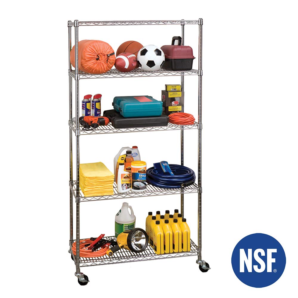 Seville Classics UltraDurable Commercial-Grade 5-Tier NSF-Certified Steel Wire Shelving with Wheels, 36" W x 18" D - Chrome