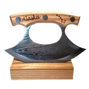 arctic circle alaska ulu wood handle dipper design forged damascus blade wood stand