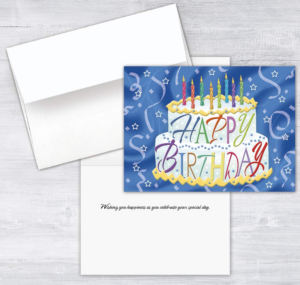 25 Happy Birthday Cards - Festive Cake Design - 26 White Envelopes - FSC Mix