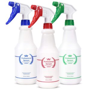 uineko plastic spray bottle (3 pack, 24 oz, 3 colors) heavy duty all-purpose empty spraying leak proof mist water bottles for cleaning solutions plants essential oils hair pet with adjustable nozzle