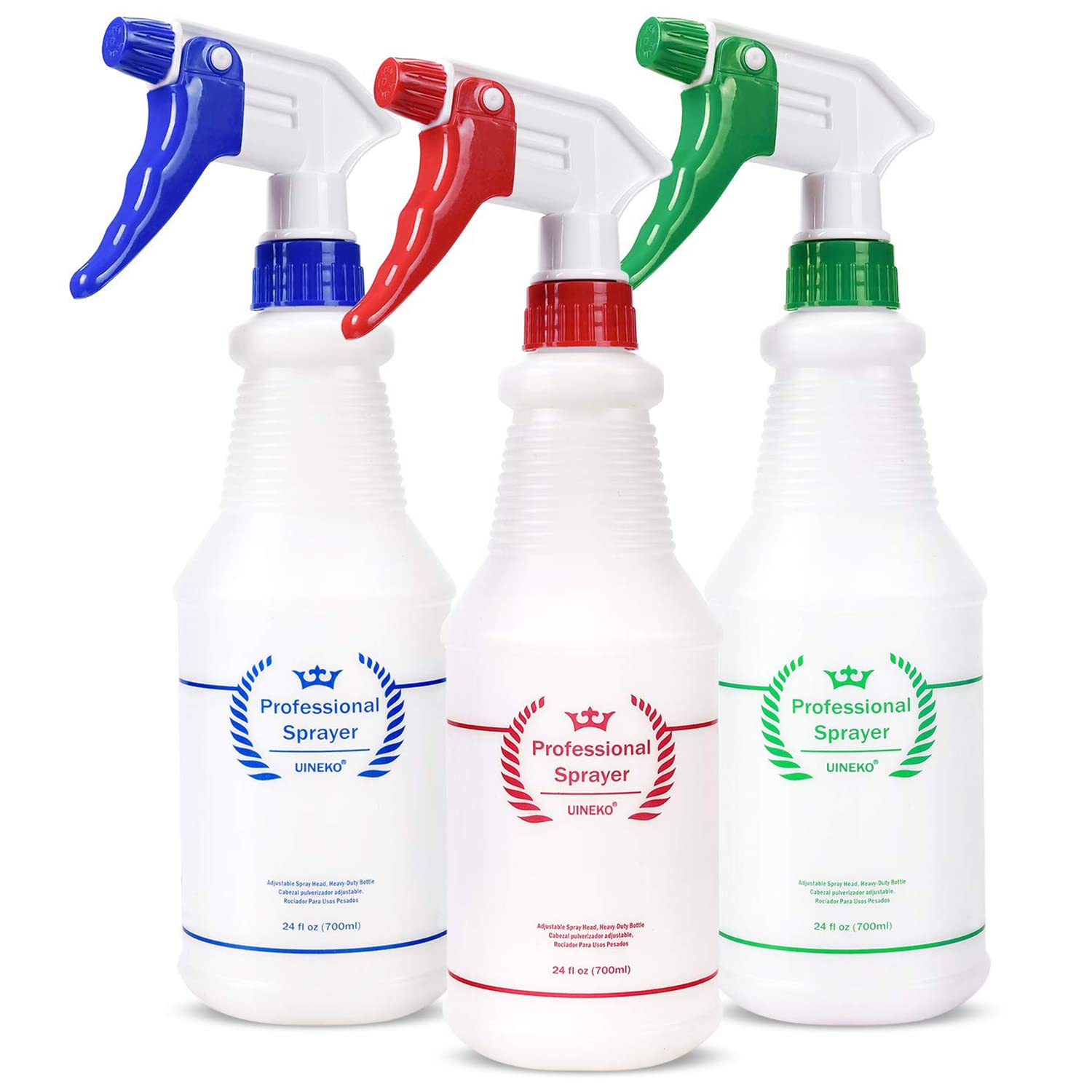 Uineko Plastic Spray Bottle (3 Pack, 24 Oz, 3 Colors) Heavy Duty All-Purpose Empty Spraying Leak Proof Mist Water Bottles for Cleaning Solutions Plants Essential Oils Hair Pet with Adjustable Nozzle