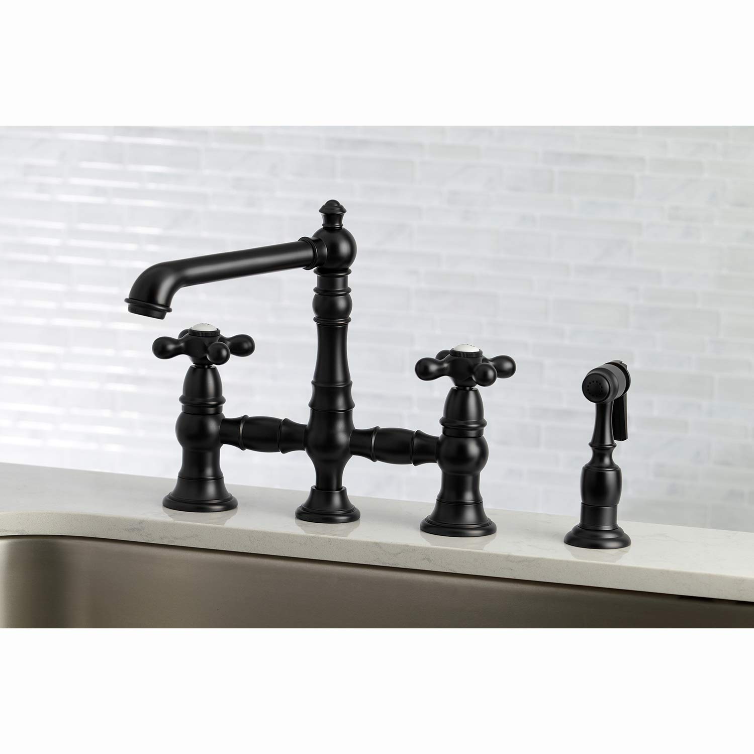 Kingston Brass KS7270AXBS English Country Bridge Kitchen Faucet, Matte Black