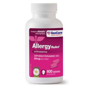 gencare - allergy relief medicine | antihistamine diphenhydramine 25mg (600 tablets per bottle) value pack | relieve for itchy eyes, sneezing, runny nose | seasonal or indoor & outdoor allergies