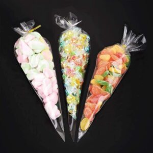 MAOUYWIEE Cone Bag 100 PCS Clear Cello Treat Bags Popcorn Bags Triangle Goody Bags with Twist Ties for Candies Handmade Cookies (6.3" X 11.8")