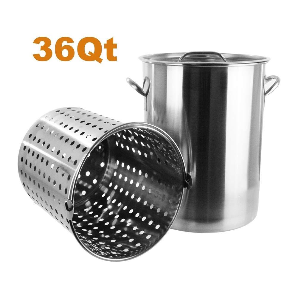 Thaweesuk Shop 36QT Stockpot Stainless Steel Pot Strainer Basket Heavy Duty Outdoor Stock pot Height 16" Diameter 13" of Set