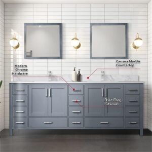 Lexora Jacques 84 in. W x 22 in. D Dark Grey Double Bath Vanity and Carrara Marble Top