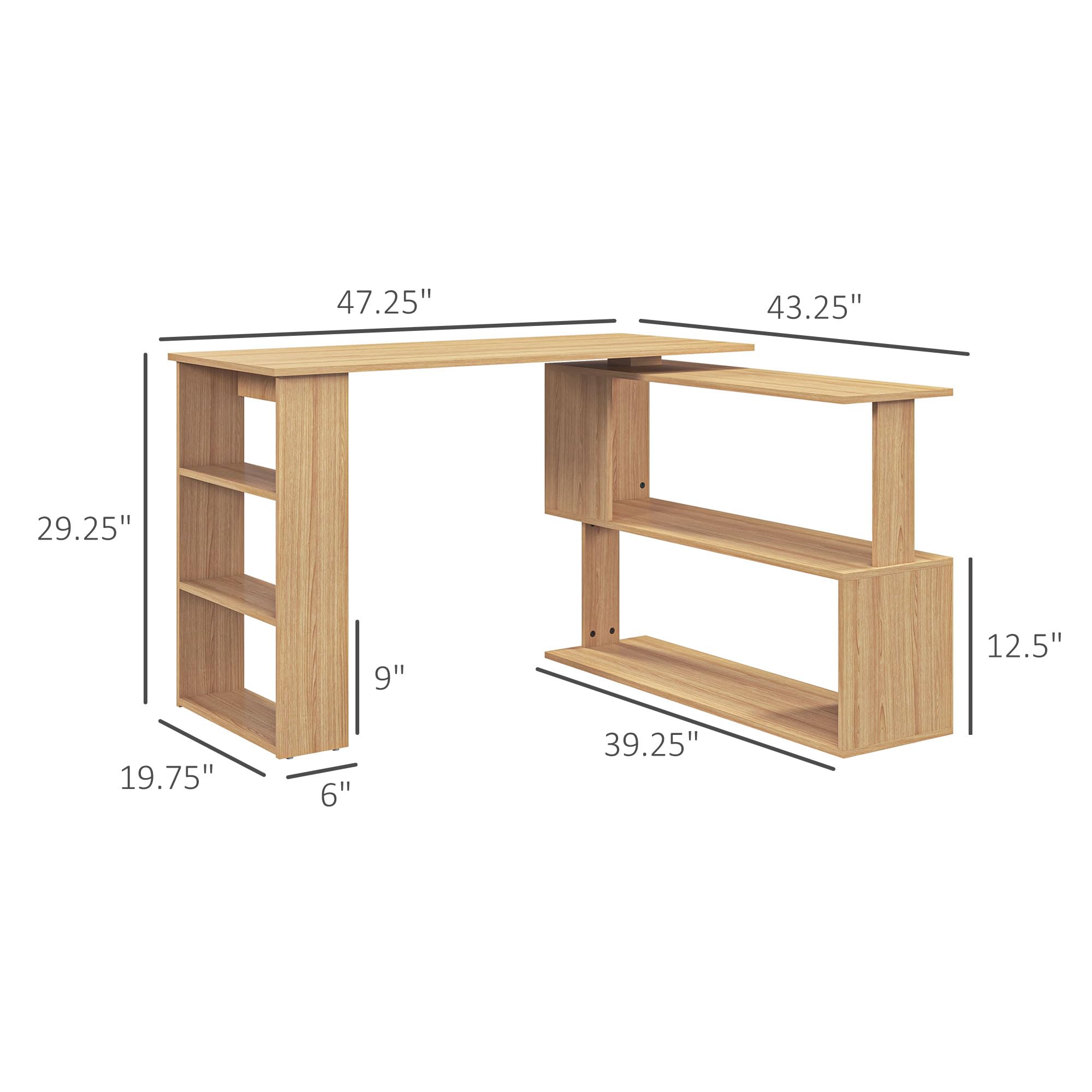 HOMCOM L Shaped Corner Desk, 360 Degree Rotating Home Office Desk with Storage Shelves, Writing Table Workstation, Maple