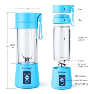 Portable Blender,Zjj-Home Smoothie Blender-Six Blades in 3D, Mini Travel Personal Blender with USB Rechargeable Batteries,Household Fruit Mixer,Detachable Cup,USB Juicer Cup 380ml (FDA BPA free) blue