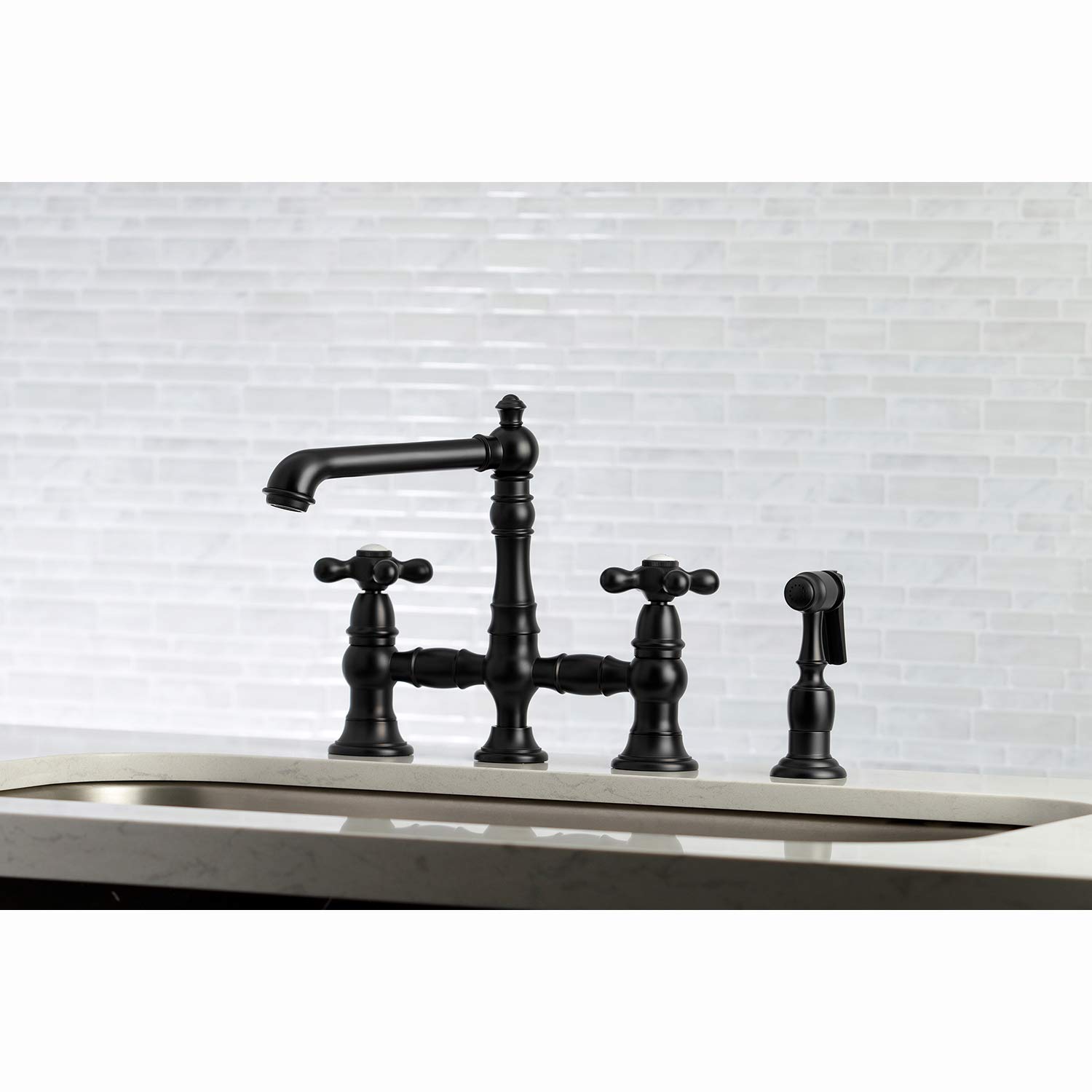 Kingston Brass KS7270AXBS English Country Bridge Kitchen Faucet, Matte Black