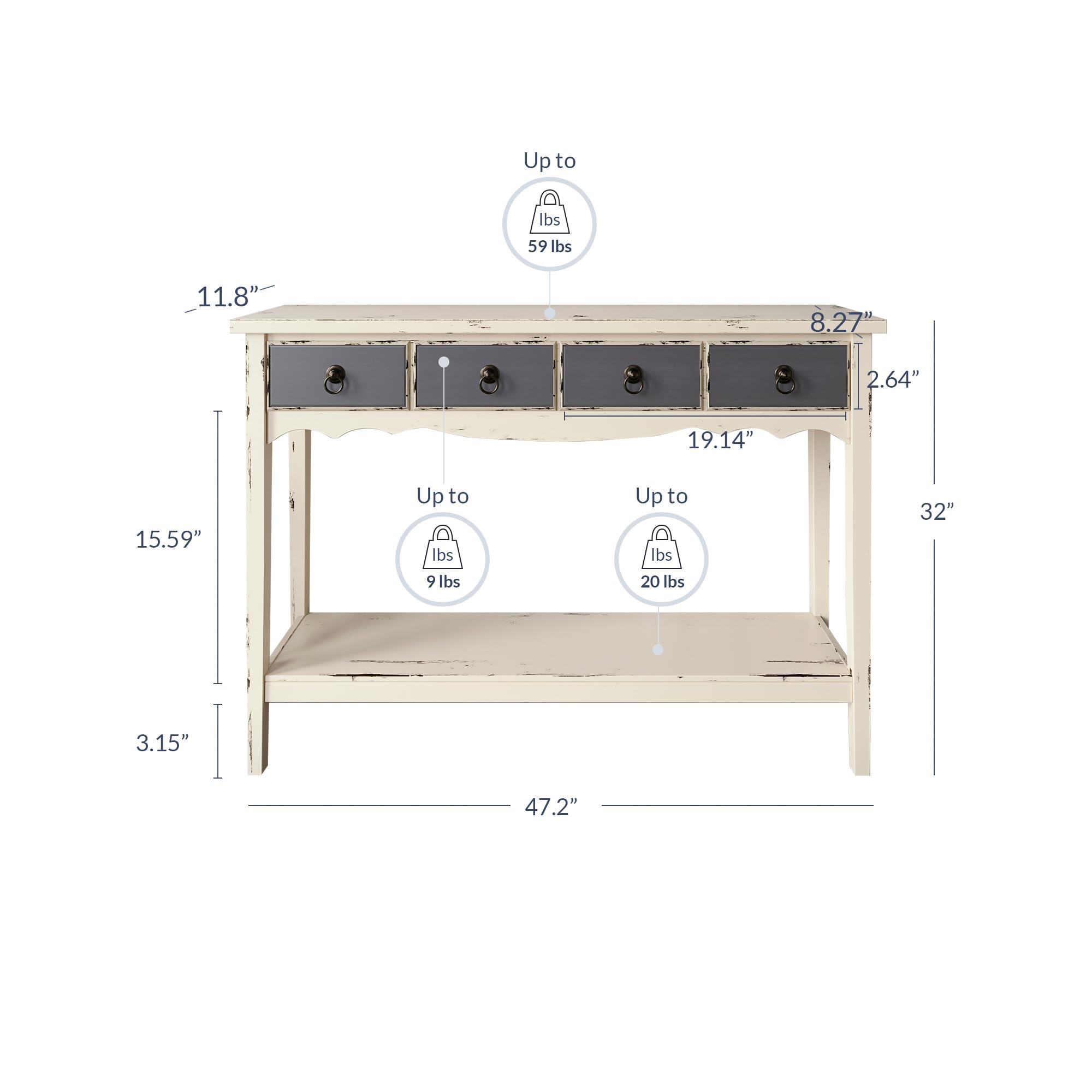 BELLEZE Hand Painted 47 Inch Entryway Hall Console Storage Table, Two Tone Accent Farmhouse Style Sideboard Decor, Distressed Antique Finish - Norman (Cream/Gray)