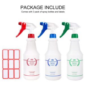 Uineko Plastic Spray Bottle (3 Pack, 24 Oz, 3 Colors) Heavy Duty All-Purpose Empty Spraying Leak Proof Mist Water Bottles for Cleaning Solutions Plants Essential Oils Hair Pet with Adjustable Nozzle