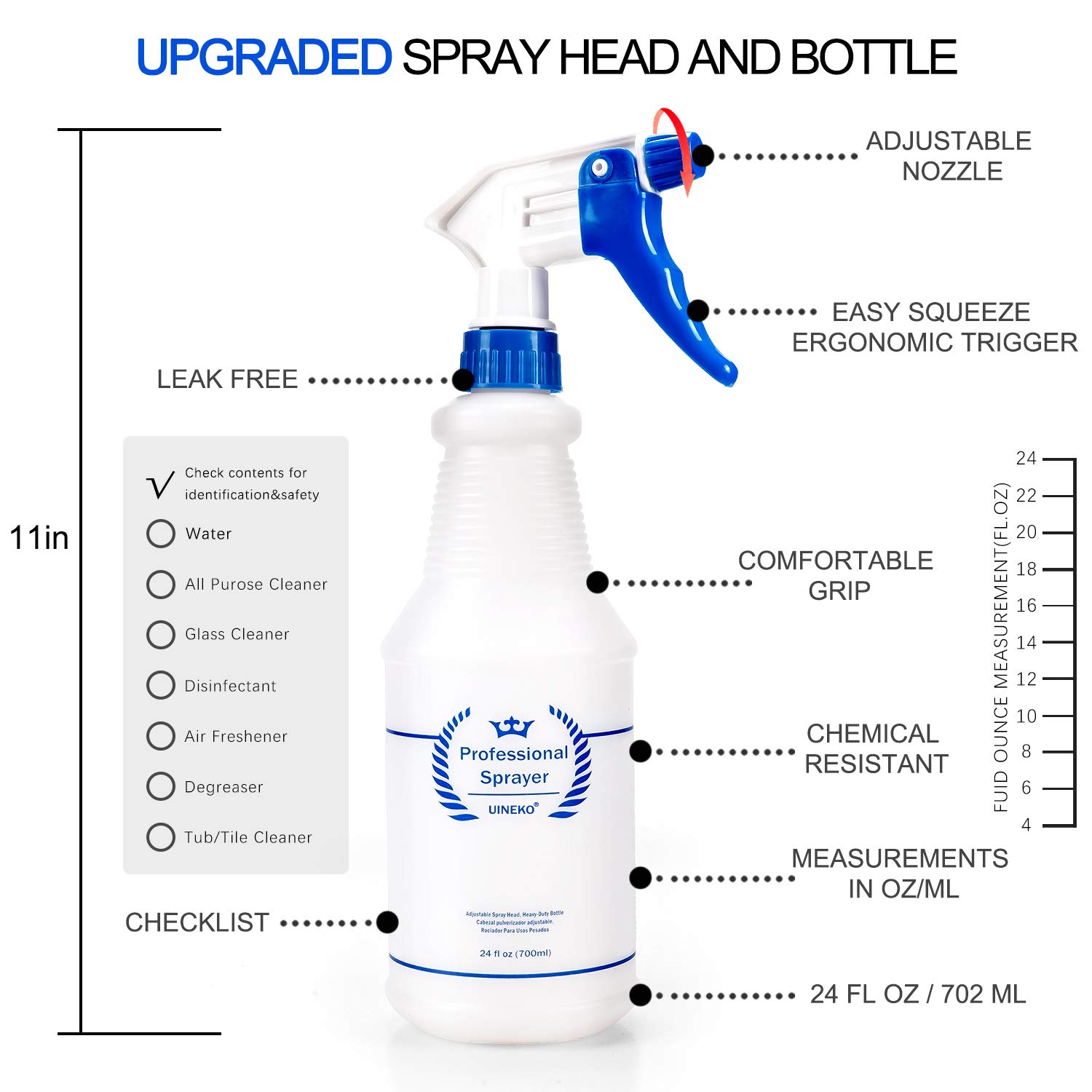 Uineko Plastic Spray Bottle (3 Pack, 24 Oz, 3 Colors) Heavy Duty All-Purpose Empty Spraying Leak Proof Mist Water Bottles for Cleaning Solutions Plants Essential Oils Hair Pet with Adjustable Nozzle