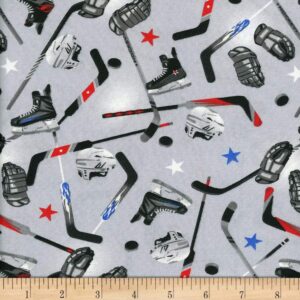 mook cotton hockey stick helmets pucks grey quilt fabric