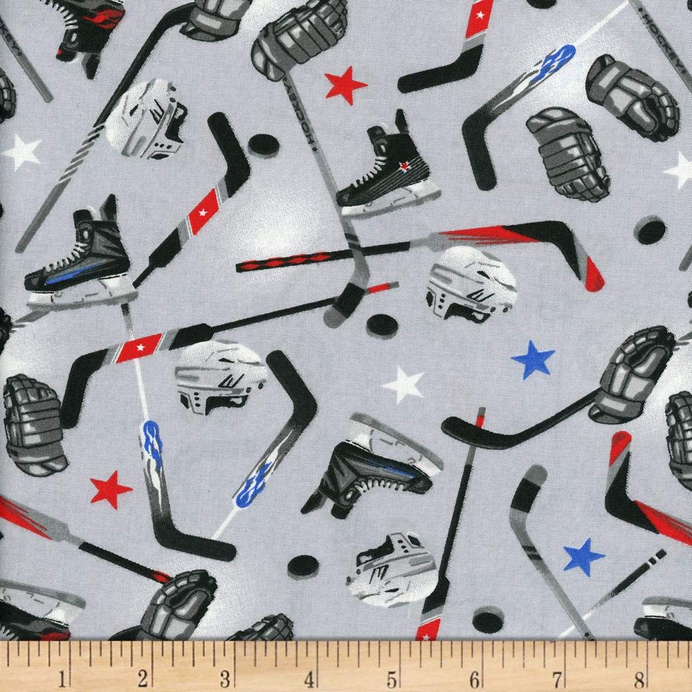 Mook Cotton Hockey Stick Helmets Pucks Grey Quilt Fabric