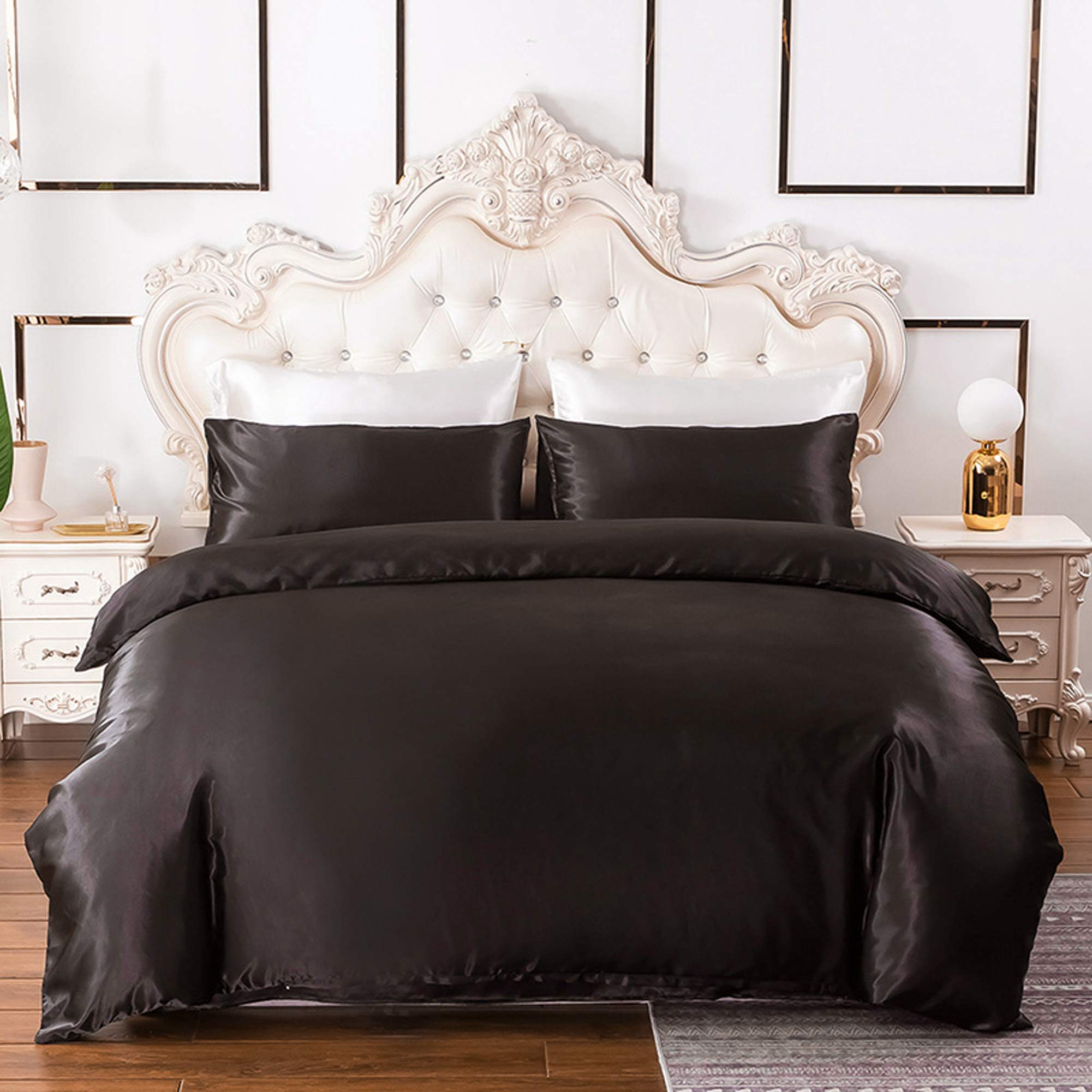 Vagasi Black Duvet Cover Set Queen Size 3 Pieces - Comforter Cover Super Soft with 2 Pillow Shams - Satin Bedding Set Breathable & Smooth with Zipper Closure