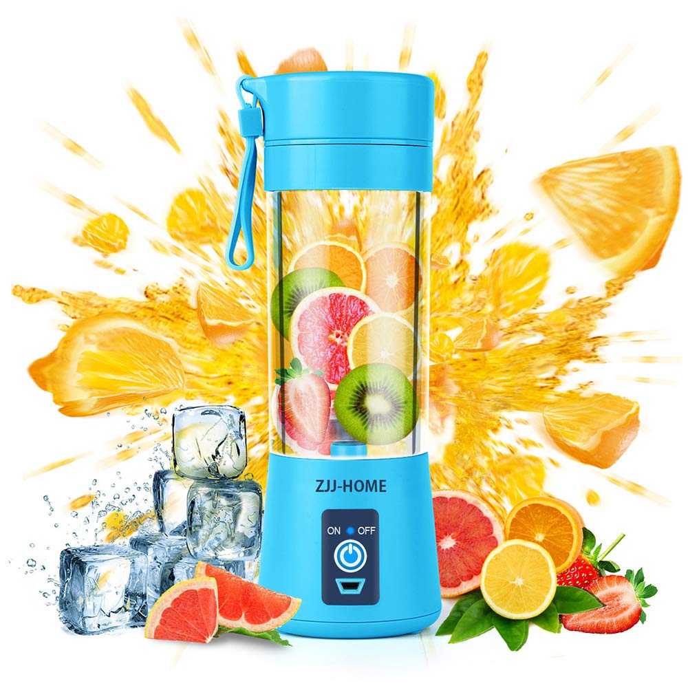 Portable Blender,Zjj-Home Smoothie Blender-Six Blades in 3D, Mini Travel Personal Blender with USB Rechargeable Batteries,Household Fruit Mixer,Detachable Cup,USB Juicer Cup 380ml (FDA BPA free) blue