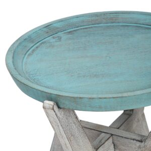 SAVON Serving Table Wood Side end Round Blue Rustic Wooden Tray Collapsible Distressed