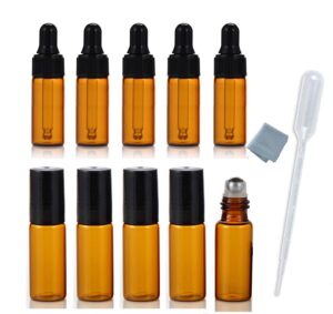 elfenstall 10pcs 5ml 1/6oz amber mini glass bottle amber sample vial small essential oil bottle with glass eye dropper + roller on perfume bottle 1pc clean cloth + 1pc 3ml dropper