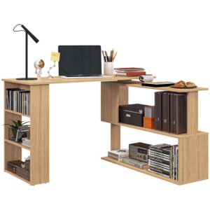 homcom l shaped corner desk, 360 degree rotating home office desk with storage shelves, writing table workstation, maple