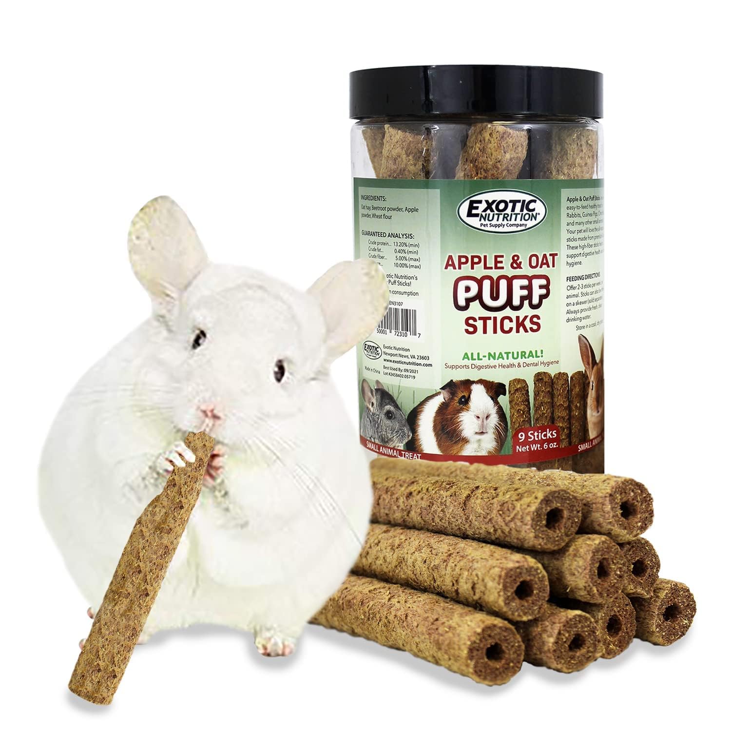 Apple & Oat Puff Sticks (6 oz.) - Healthy Natural High Fiber Chew Treat Made with Oat Hay - Rabbits, Guinea Pigs, Hamsters, Chinchillas, Degus, Prairie Dogs, Squirrels, Skunks, Opossums, Small Pets