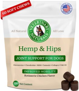 veterinary naturals hemp & hips joint supplement for dogs - 60 soft chews for dog hip and joint supplement with glucosamine for dogs, msm, & turmeric (rotisserie chicken)