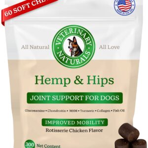 Veterinary Naturals Hemp & HIPS Joint Supplement for Dogs - 60 Soft Chews for Dog Hip and Joint Supplement with Glucosamine for Dogs, MSM, & Turmeric (Rotisserie Chicken)