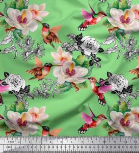 soimoi cotton cambric green fabric - by the yard - 42 inch wide - hummingbird, leaves & flower floral textile - playful and delicate fusion for stylish creations printed fabric