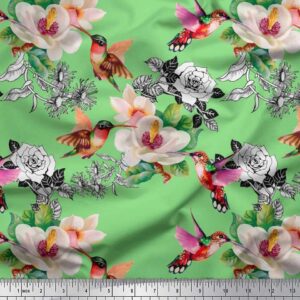 Soimoi Cotton Cambric Green Fabric - by The Yard - 42 Inch Wide - Hummingbird, Leaves & Flower Floral Textile - Playful and Delicate Fusion for Stylish Creations Printed Fabric