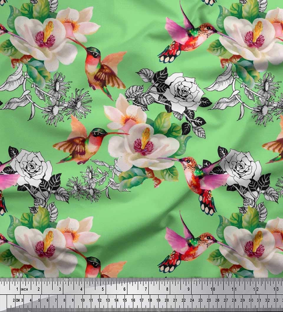 Soimoi Cotton Cambric Green Fabric - by The Yard - 42 Inch Wide - Hummingbird, Leaves & Flower Floral Textile - Playful and Delicate Fusion for Stylish Creations Printed Fabric