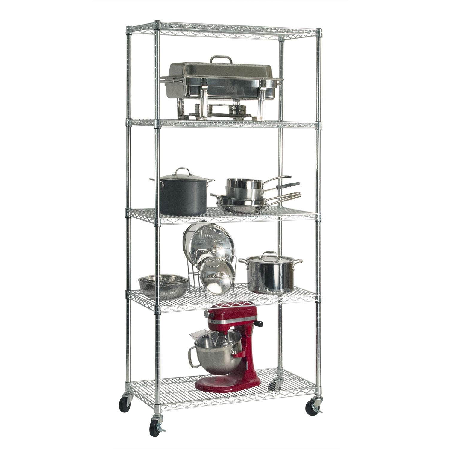 Seville Classics UltraDurable Commercial-Grade 5-Tier NSF-Certified Steel Wire Shelving with Wheels, 36" W x 18" D - Chrome