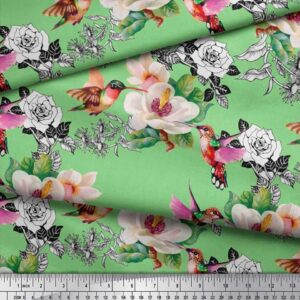 Soimoi Cotton Cambric Green Fabric - by The Yard - 42 Inch Wide - Hummingbird, Leaves & Flower Floral Textile - Playful and Delicate Fusion for Stylish Creations Printed Fabric