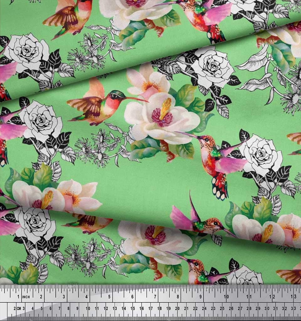 Soimoi Cotton Cambric Green Fabric - by The Yard - 42 Inch Wide - Hummingbird, Leaves & Flower Floral Textile - Playful and Delicate Fusion for Stylish Creations Printed Fabric