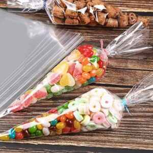 MAOUYWIEE Cone Bag 100 PCS Clear Cello Treat Bags Popcorn Bags Triangle Goody Bags with Twist Ties for Candies Handmade Cookies (6.3" X 11.8")