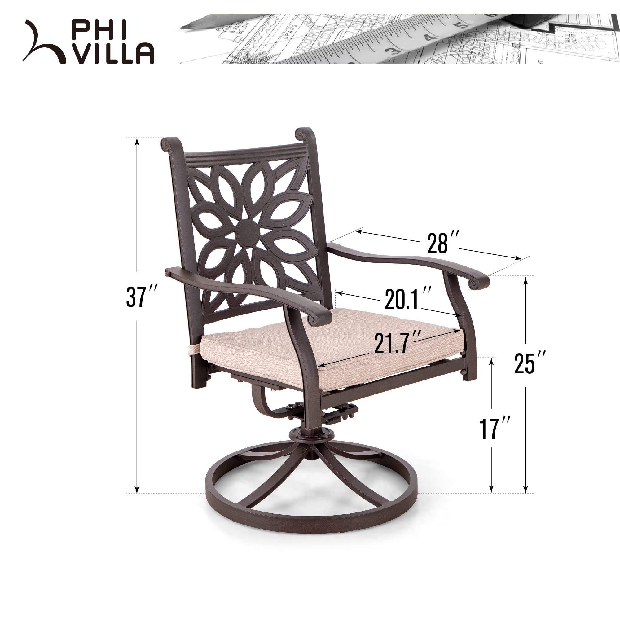 PHI VILLA Cast Aluminum Outdoor Patio Swivel Dining Chairs, Extra Wide Armrest Chairs with Seat Cushion, Casting Aluminum Back for All Weather, Set of 2